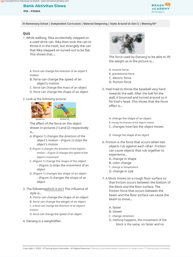 Force Effects in Elementary Science Quiz | PDF | Force | Arrow