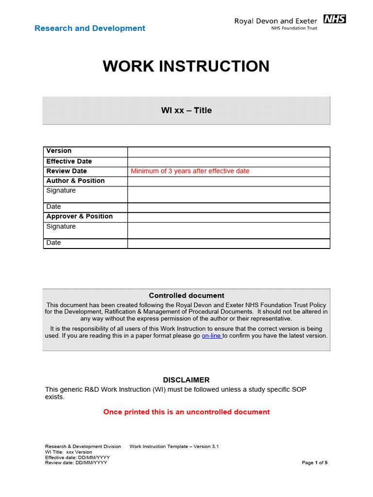 R&D Work Instruction Template | PDF | Clinical Trial | Quality Assurance