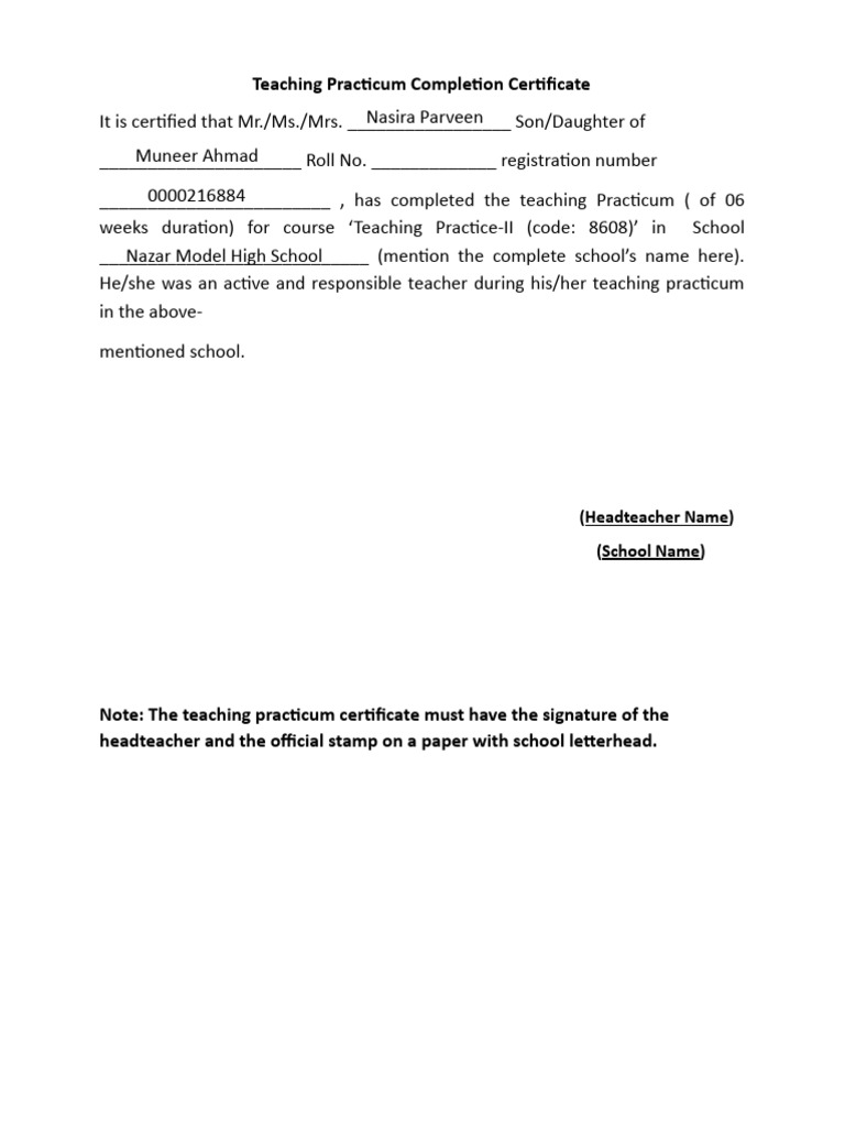 Teaching Practicum Completion Certificate | PDF