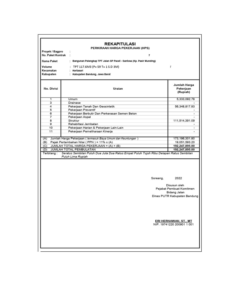 Rincian HPS Proyek TPT Jalan Bandung | PDF