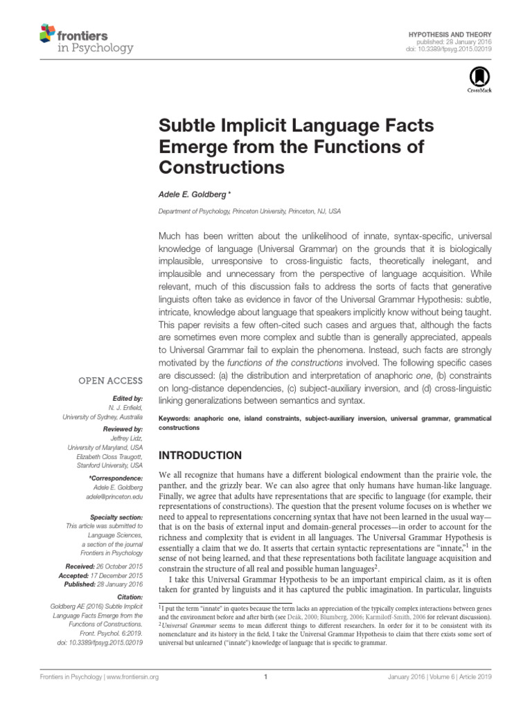 Goldberg, A. E. (2016). Subtle implicit language facts emerge from the functions of ...