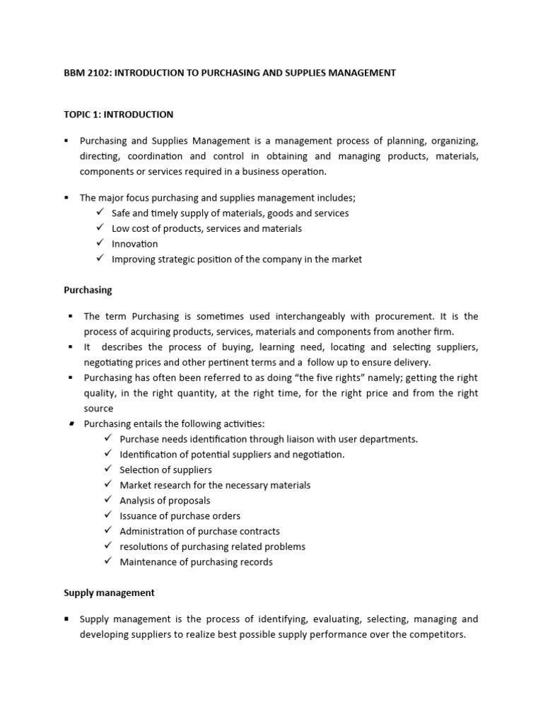 Topic 1 Purchasing and Supplies Management | PDF | Procurement | Supply ...