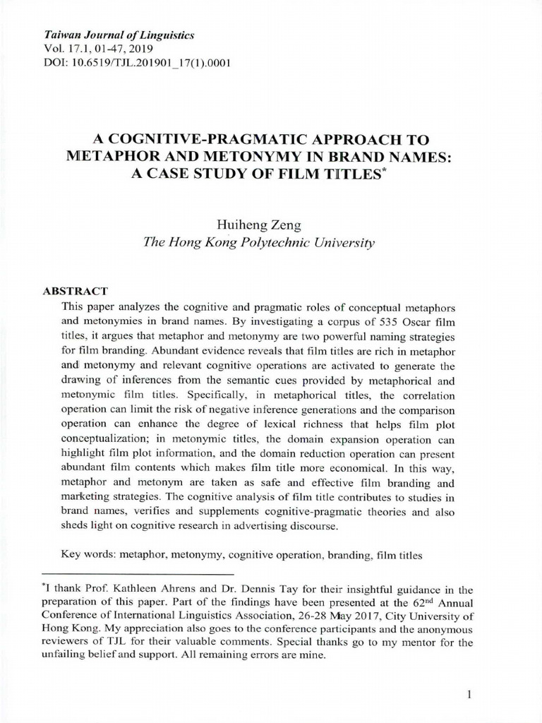 A Cognitive-Pragmatic Approach To Metaphor and Metonymy in Brand Names: A Case Study of Film ...