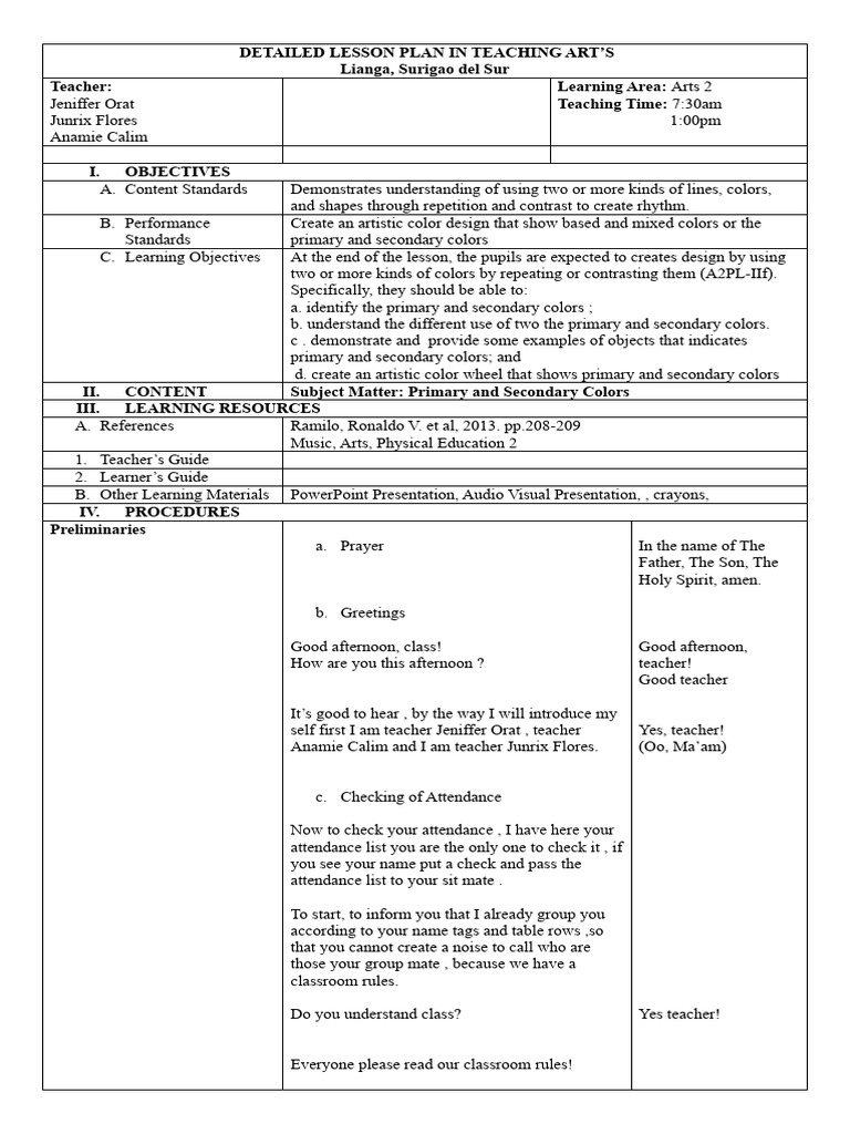 DETAILED LESSON PLAN IN TEACHING MTB For Demo 1 | PDF | Color | Teachers