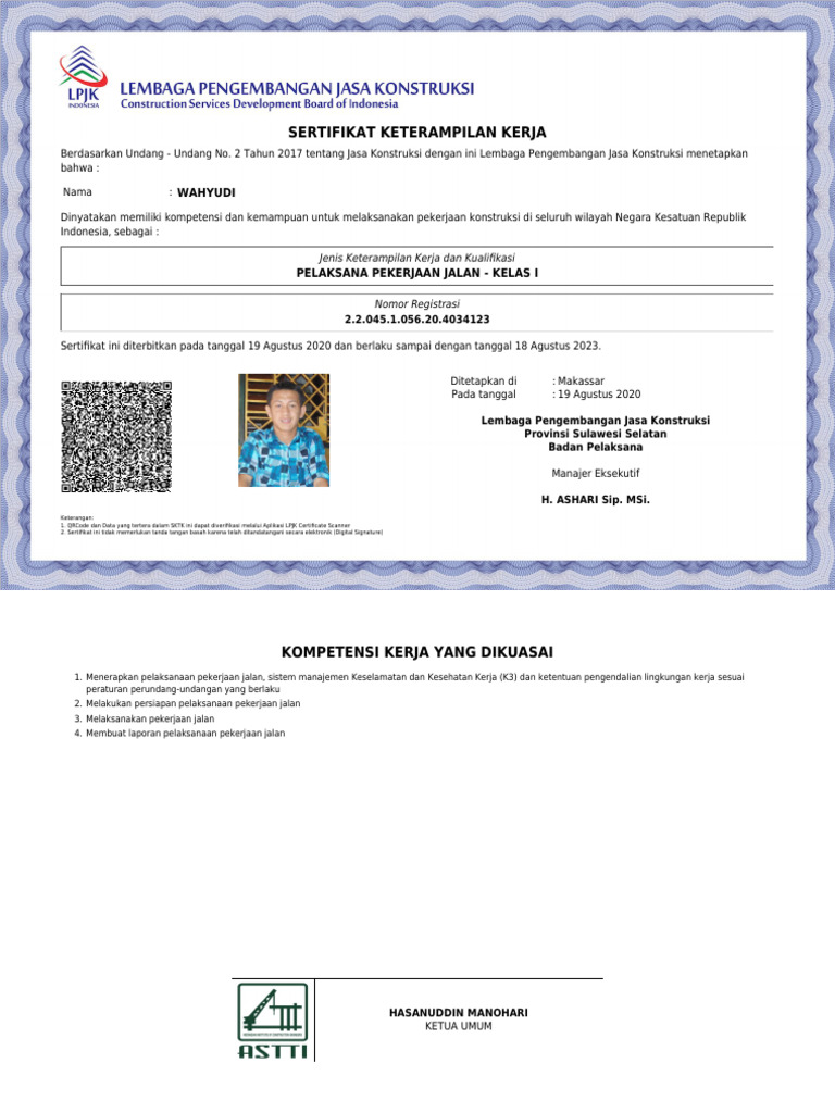 SKT Pelaksana Pekerjaan Jalan - Kelas I - Wahyudi | PDF