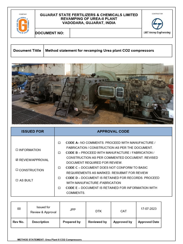 Method Statement for Urea Plant CO2 Compressor Revamping (002) | PDF | Piston | Rotating Machines