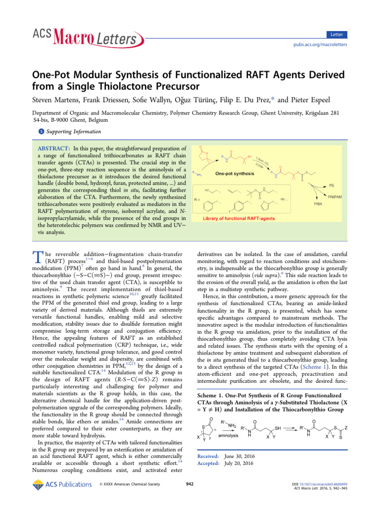 One-Pot Modular Synthesis of Functionalized RAFT Agents Derived From A ...
