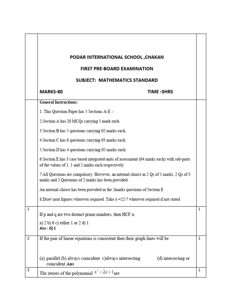A.S Preboard Math Standard Paper | PDF | Area | Mathematics