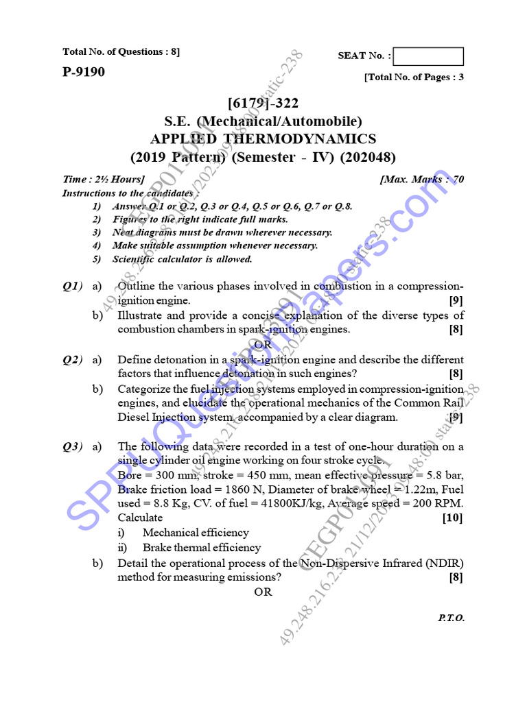 Be Mechanical Engineering Semester 4 2023 November Applied Thermodynamics at Pattern 2019 ...