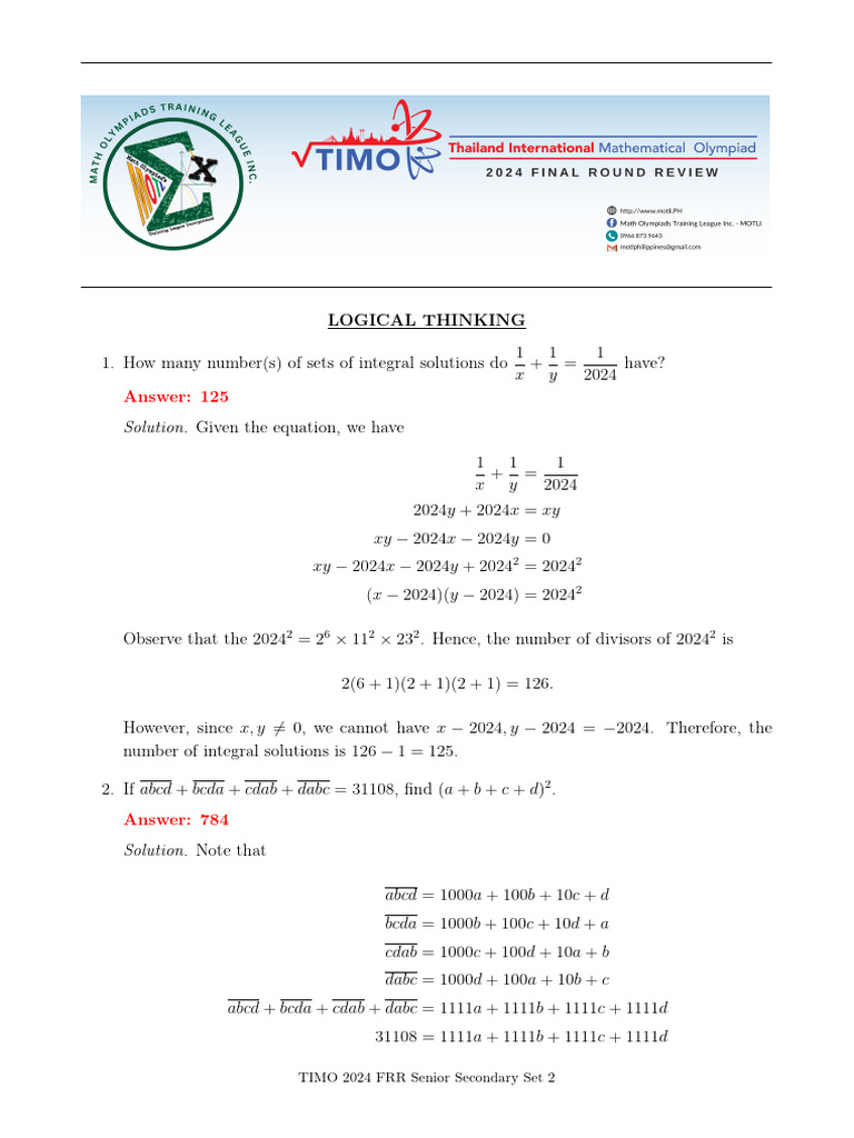 TIMO 2024 FRR SS Set 2 (Solution Manual) | PDF | Area | Square Root