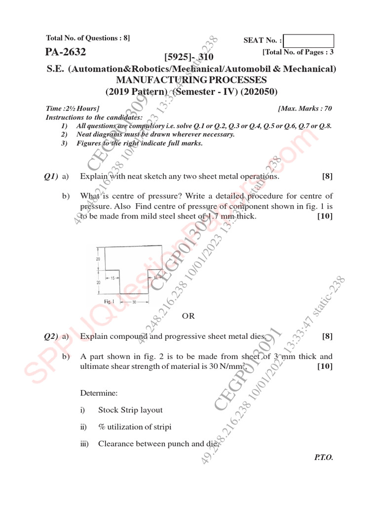 Be - Mechanical Engineering - Semester 4 - 2022 - November - Manufacturing Processes MP Pattern ...