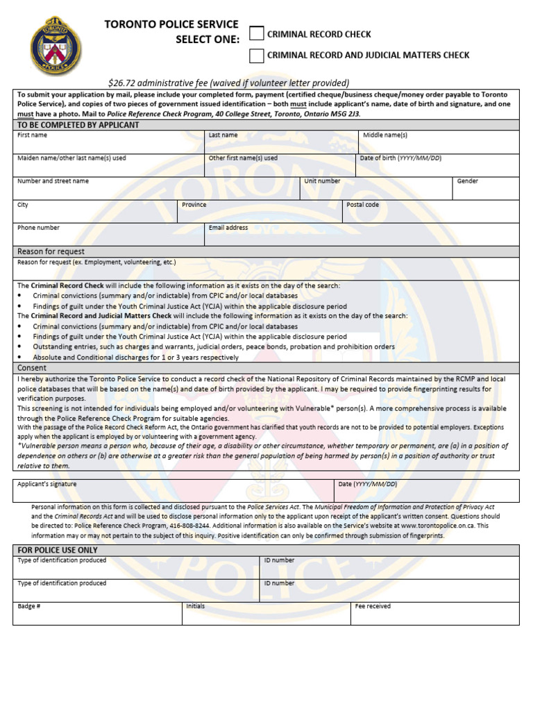 Toronto Police Criminal Record Check Guide | PDF | Criminal Record ...
