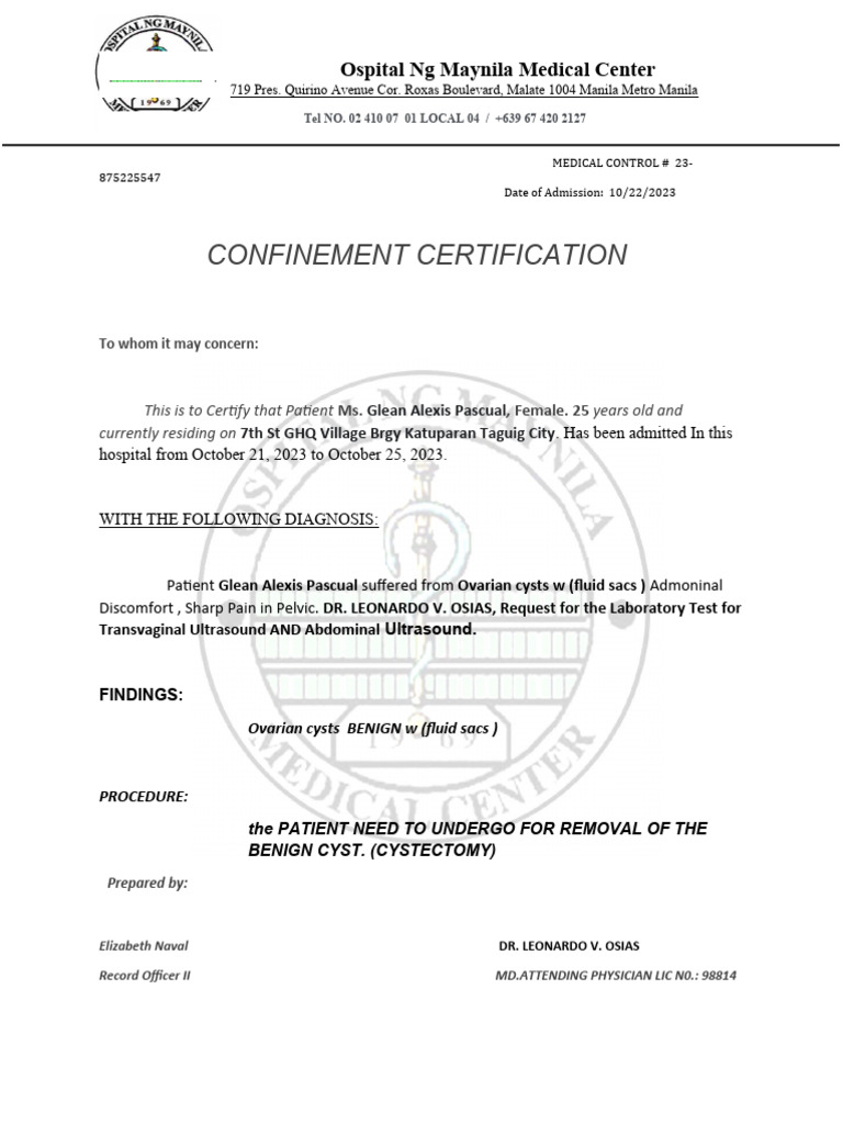 Binakayan Hospital Admission Certification | PDF | Science & Mathematics