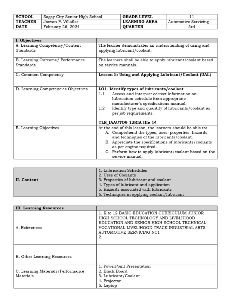 Lesson Plan Intern Teacher Joevan Villaflor Pdf Lubricant Coolant