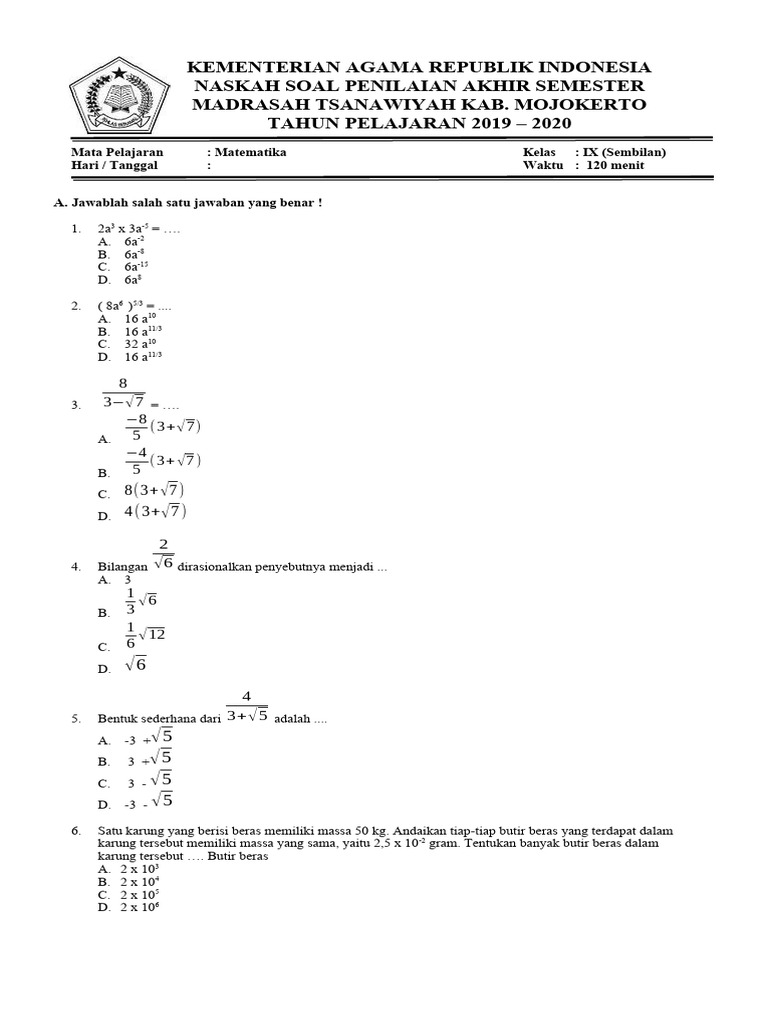 Soal Pas Matematika 9 | PDF