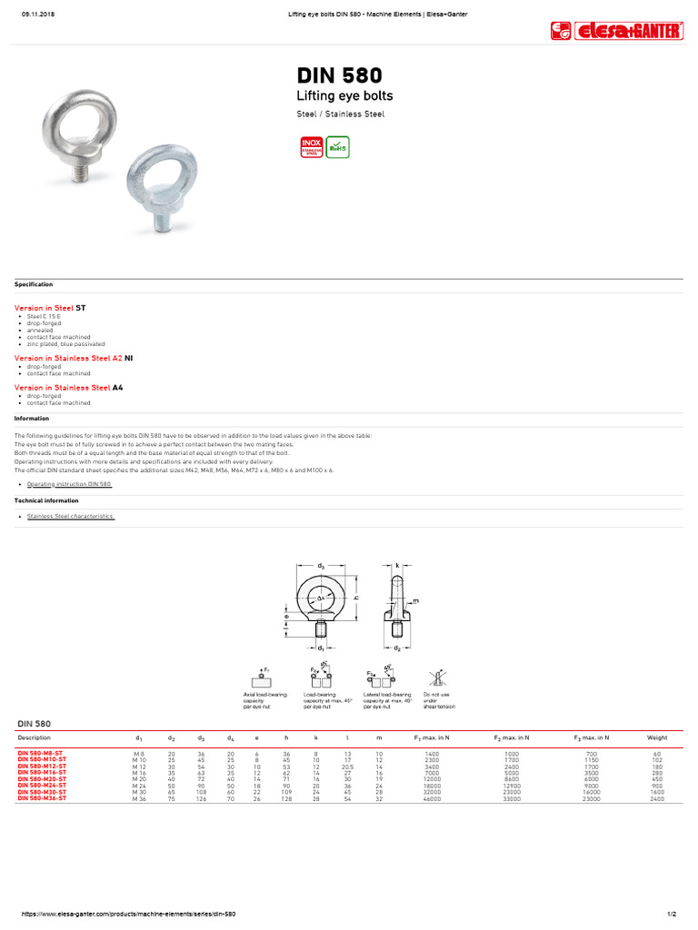 Lifting eye bolts DIN 580 - Machine Elements _ Elesa+Ganter | PDF | Crafts | Materials