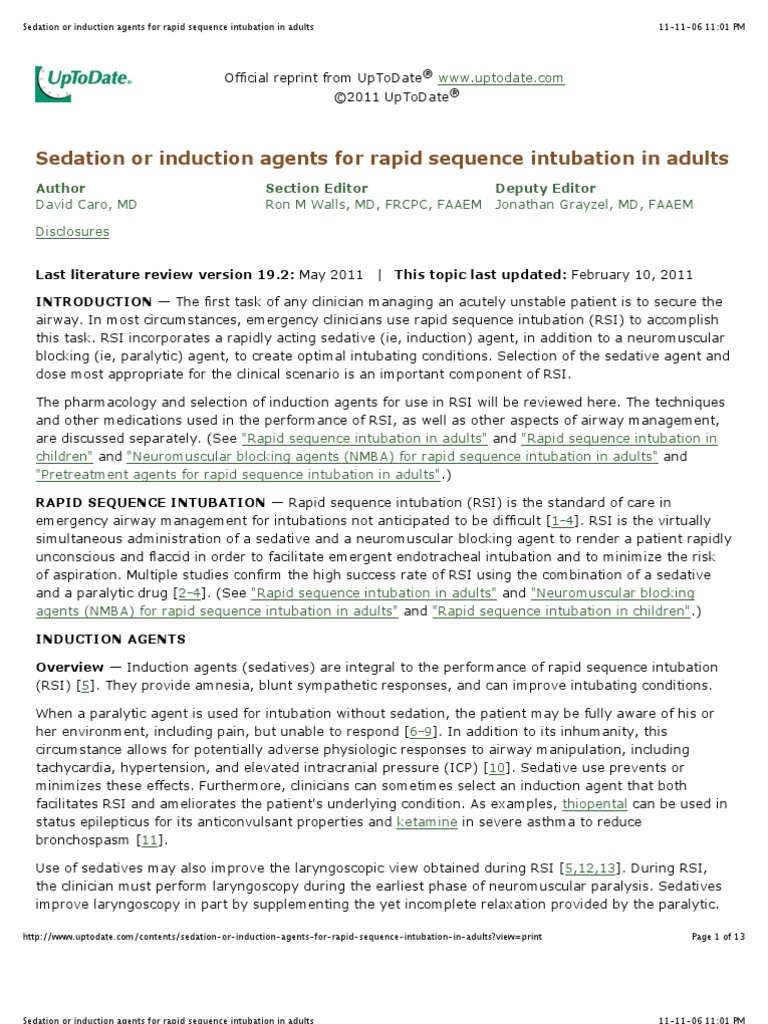 Sedation or Induction Agents For Rapid Sequence Ion in Adults | PDF ...