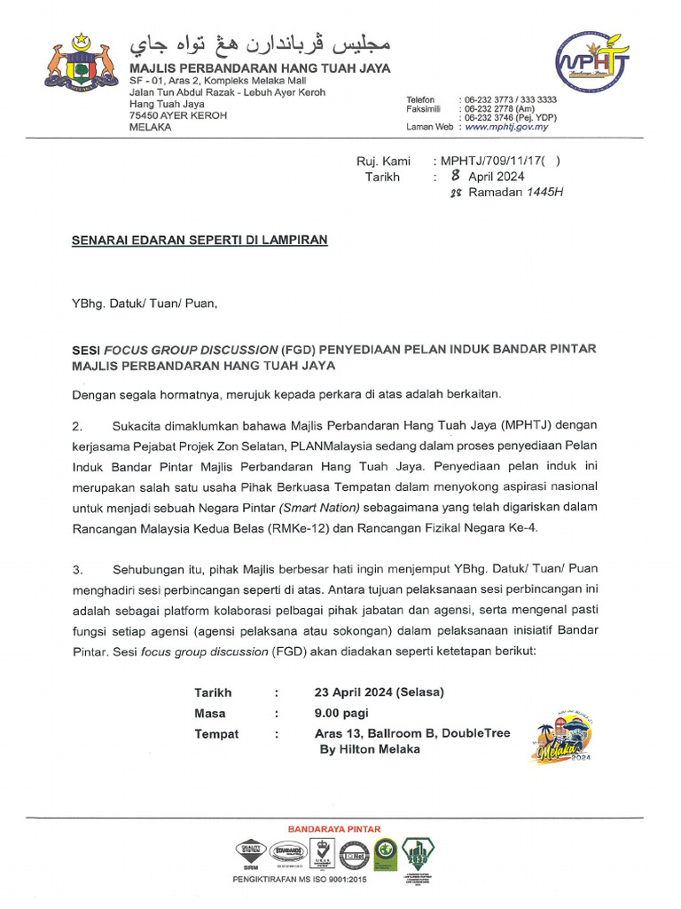 Surat Jemputan FGD Smart City MPHTJ - Stakeholder | PDF