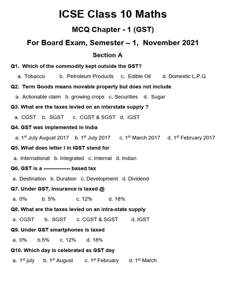 ICSE Class 10 Maths MCQ - GST | PDF | Value Added Tax | Trade