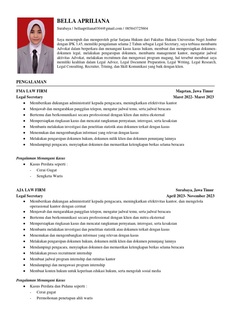 Legal Secretary Berpengalaman di Surabaya | PDF | Karier & Perkembangan