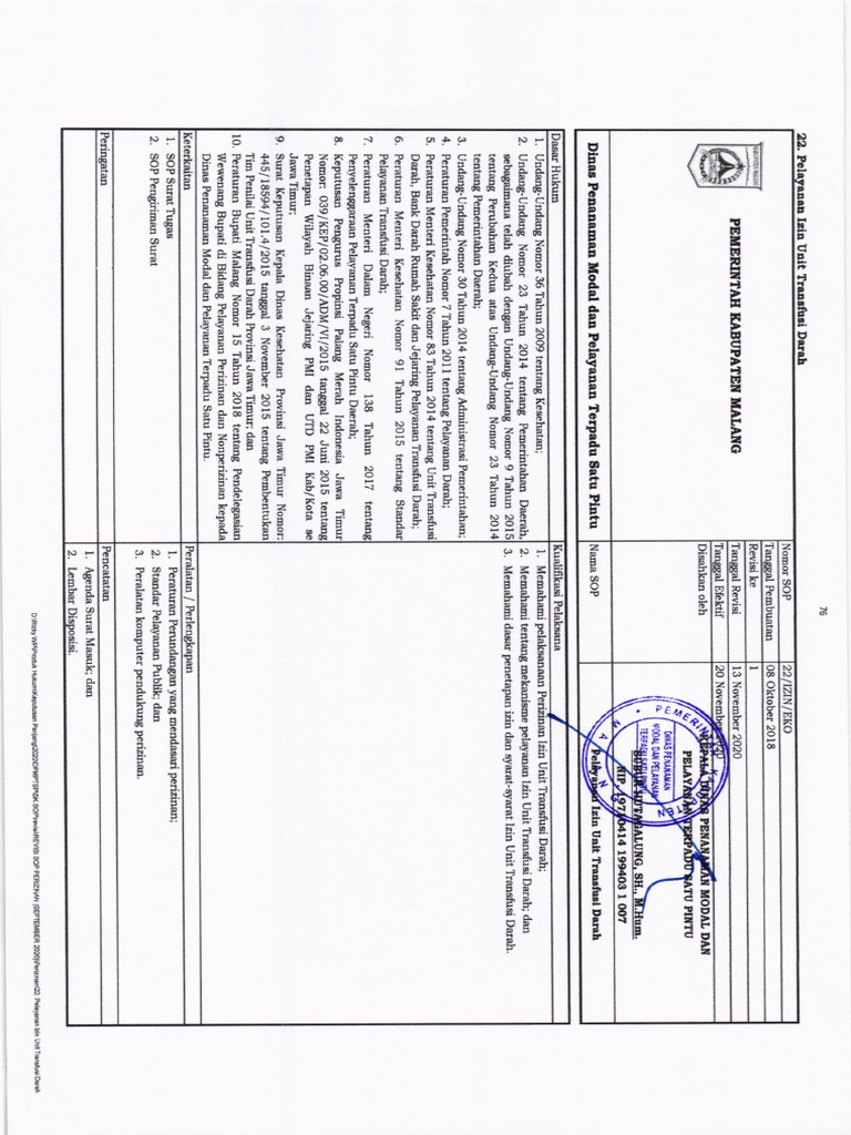 SOP UTD Malang PTSP Pelayanan Izin Unit Transfusi Darah | PDF
