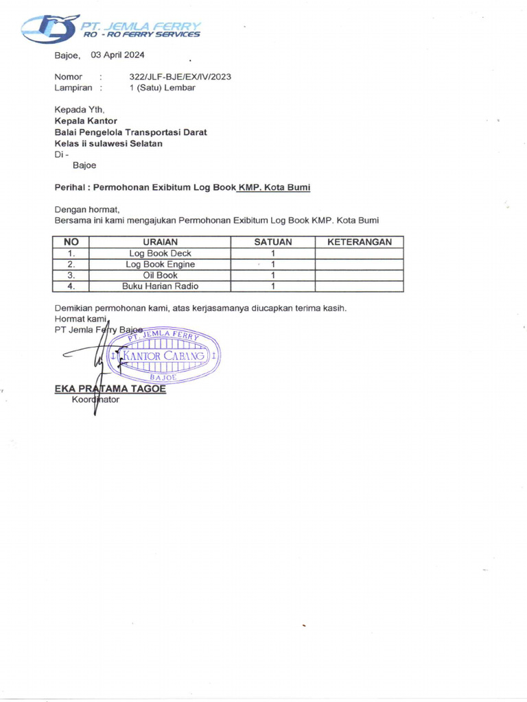 Permohonan Exibitum 4 Log Book KMP Kota Bumi | PDF