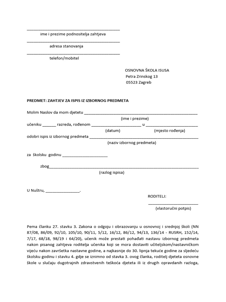 Zahtjev Za Ispis Iz Izbornog Predmeta 20 21 | PDF
