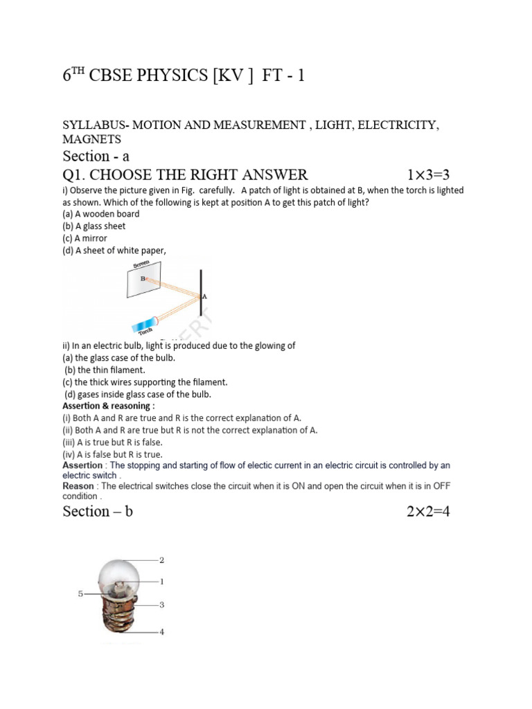 6TH Cbse Physics FT1 | PDF | Incandescent Light Bulb | Magnet