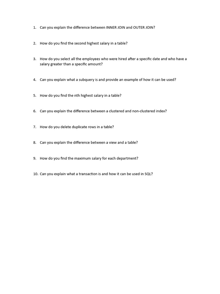 SQL Interview Questions | PDF | Table (Database) | Database Index SQL Interview Questions | PDF | Table (Database) | Database Index