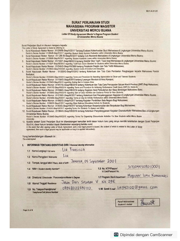 Surat Perjanjian Studi Lia Fransisca | PDF