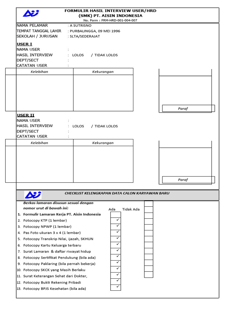Application Form Aisin Indonesia STM-03 Rev03 + Ceklist | PDF