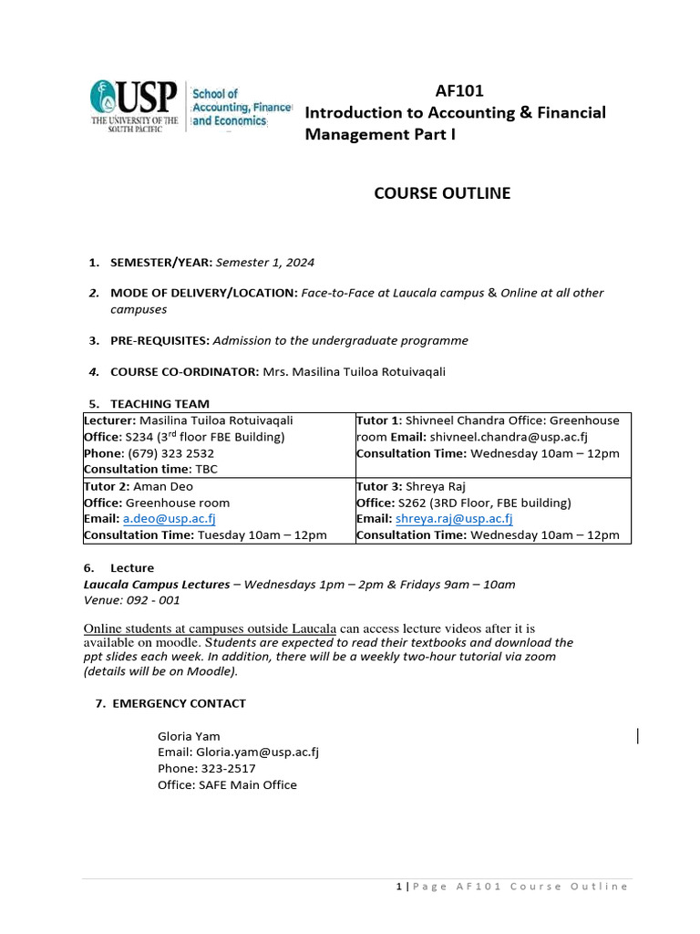 AF101 Course Outline s1 2024 | PDF | Accounting | Audit