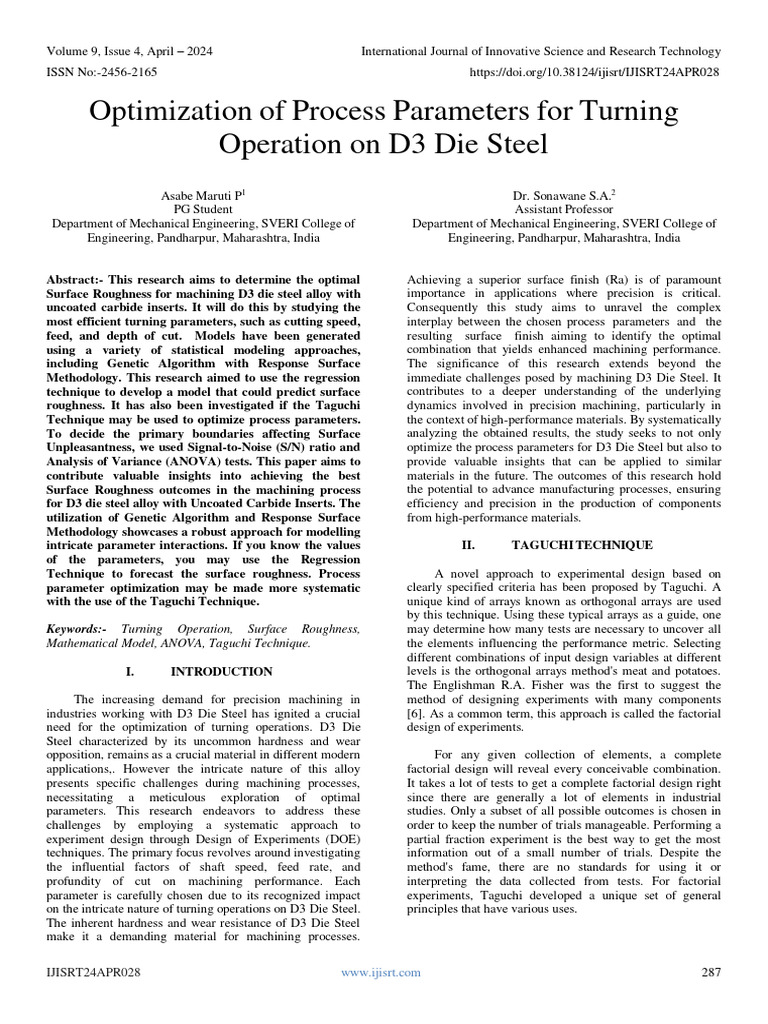 Optimization of Process Parameters for Turning Operation on D3 Die ... Optimization of Process Parameters for Turning Operation on D3 Die ...