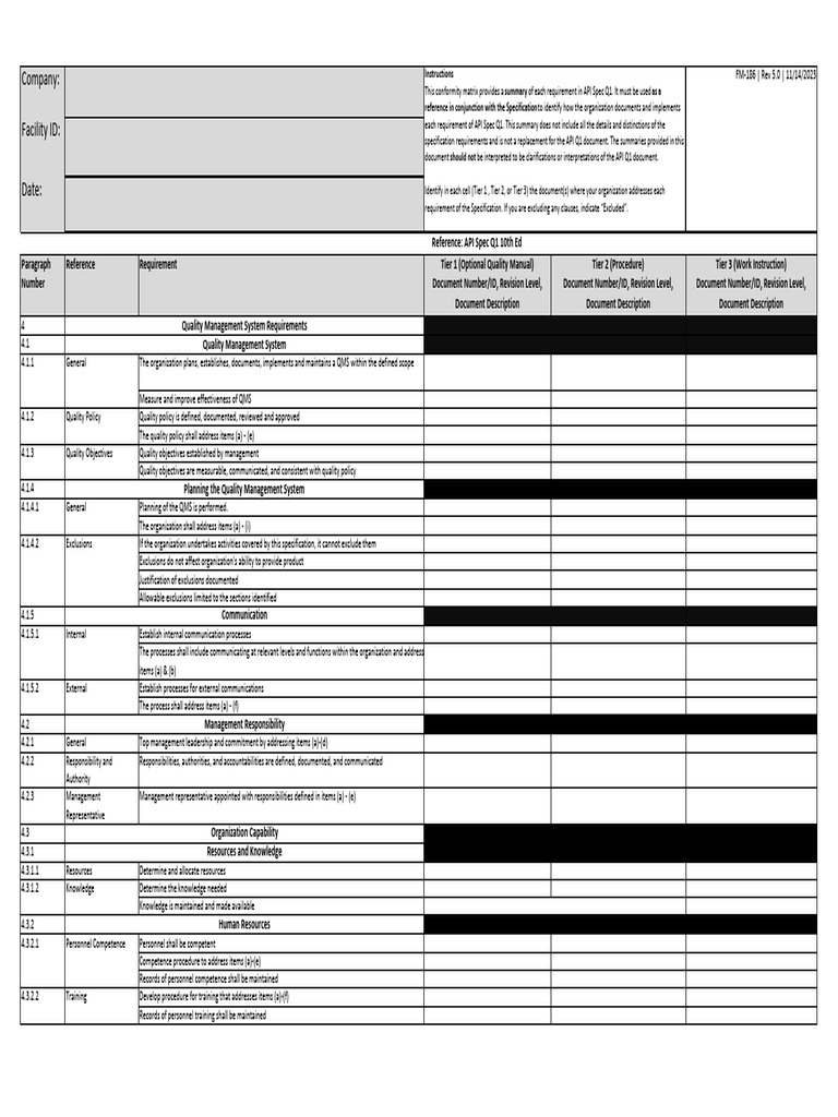 API Q1 10th Edition Conformity Matrix | PDF | Specification (Technical ...
