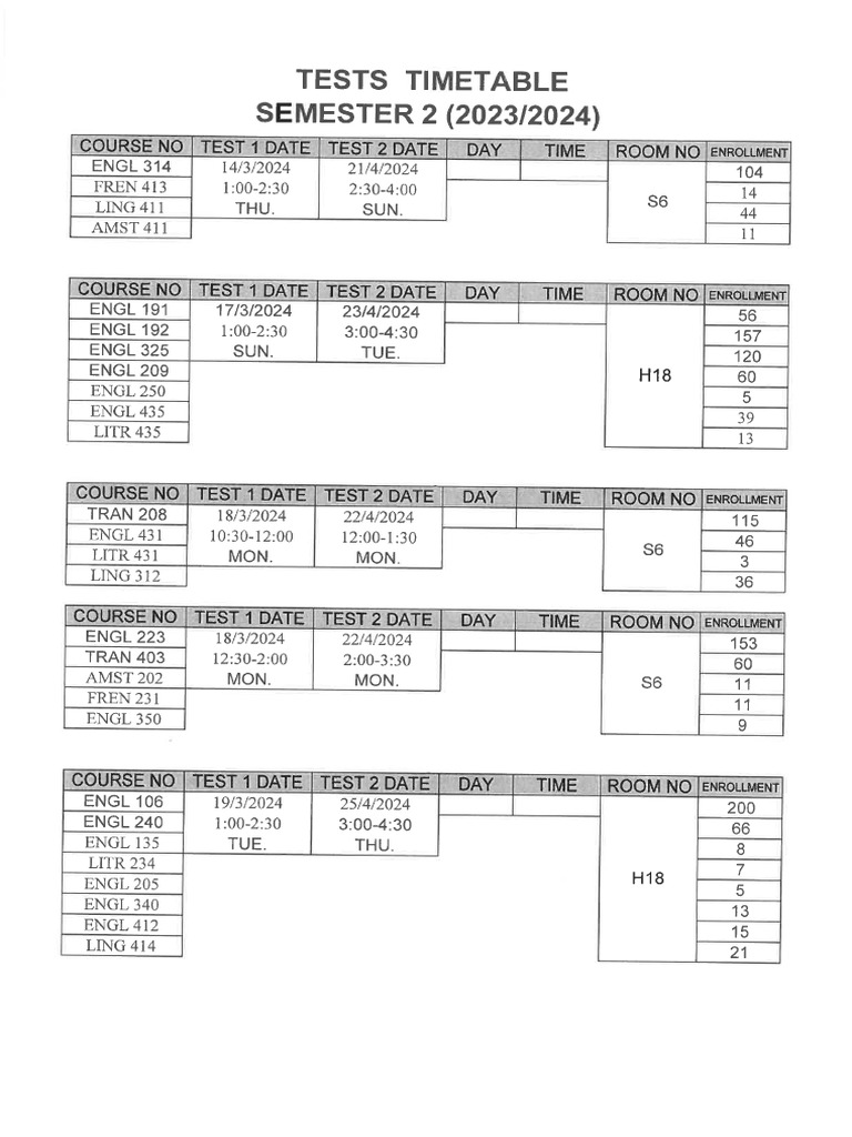 Tests Timetable 2 | PDF