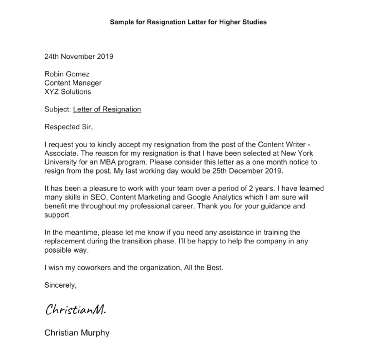Resignation Letter For Higher Studies Sample 1 | PDF