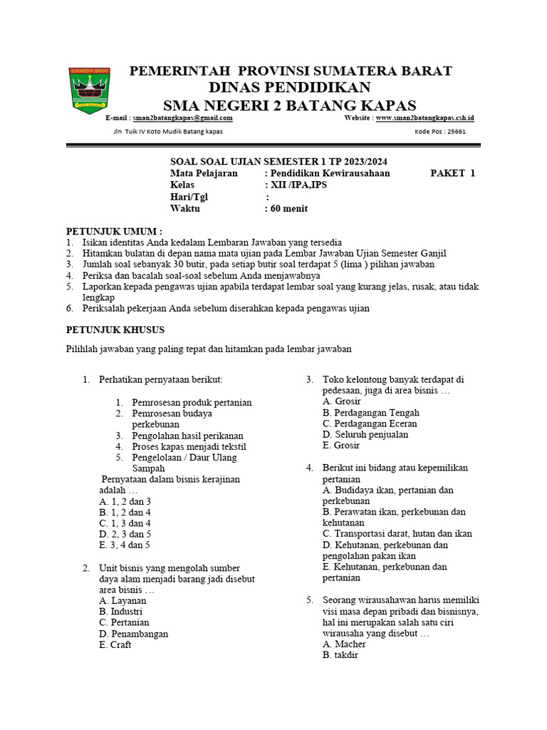 Soal Soal Pkwu Kelas Xii SMTR 1 2023 | PDF