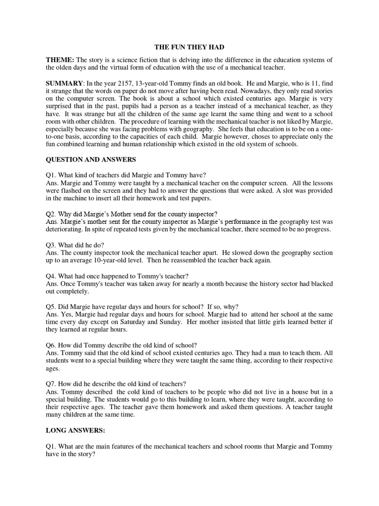 The Fun They Had THEME: The Story Is A Science Fiction That Is Delving ...