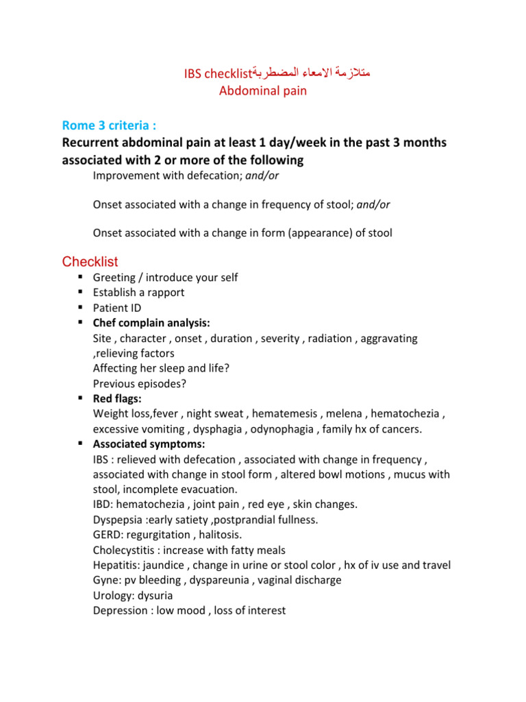 Abdominal pain - IBS checklist | PDF | Irritable Bowel Syndrome | Diarrhea