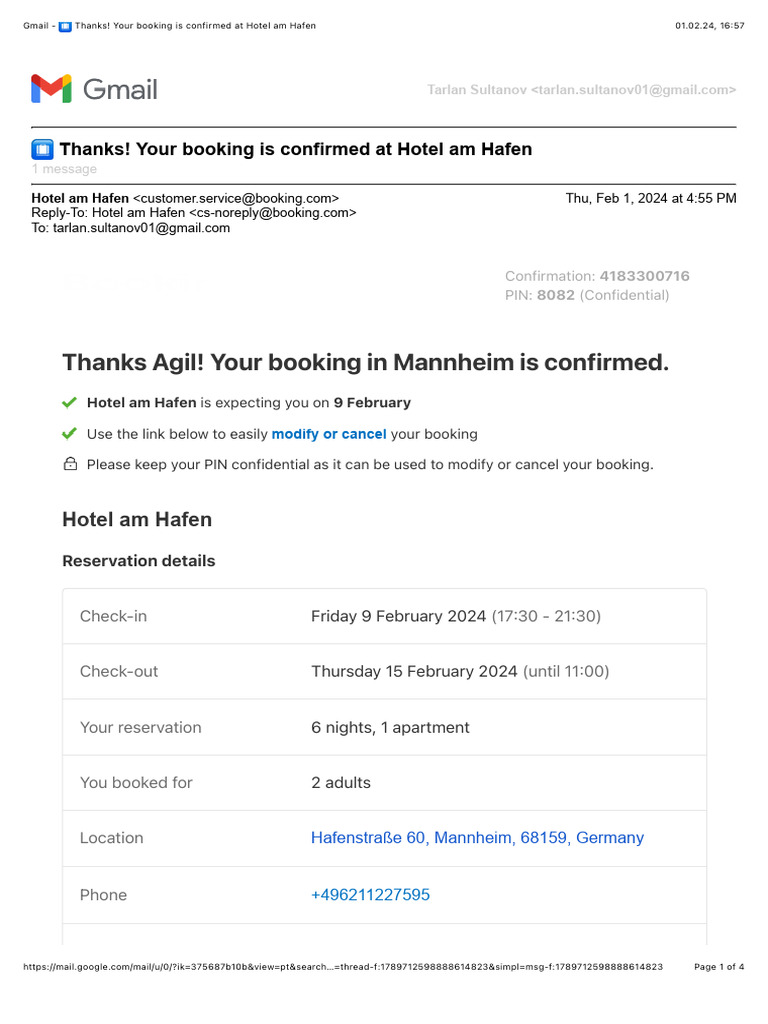 Gmail - ? Thanks! Your Booking Is Confirmed at Hotel Am Hafen | PDF ...