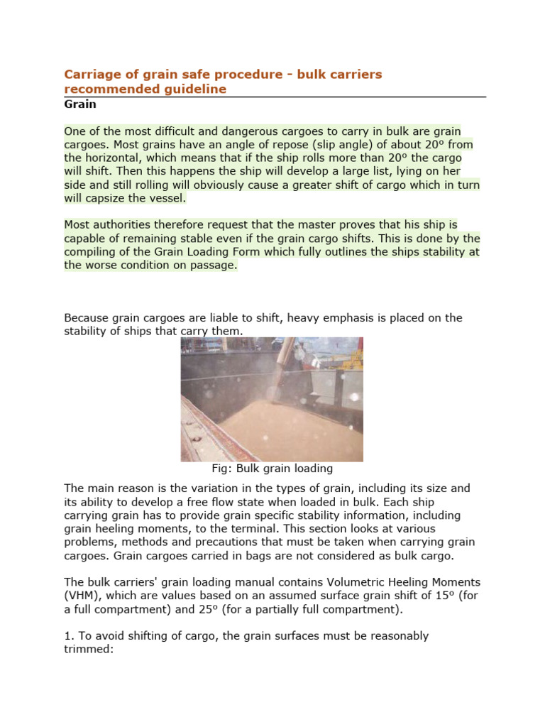 Carriage of Grain Safe Procedure | PDF | Cargo | Ships