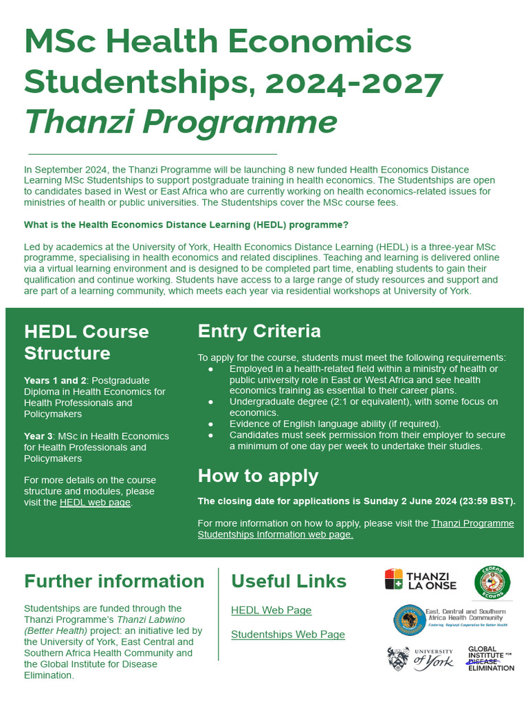Advert - MSC Health Economics Studentships 2024-2027 (Thanzi Programme ...