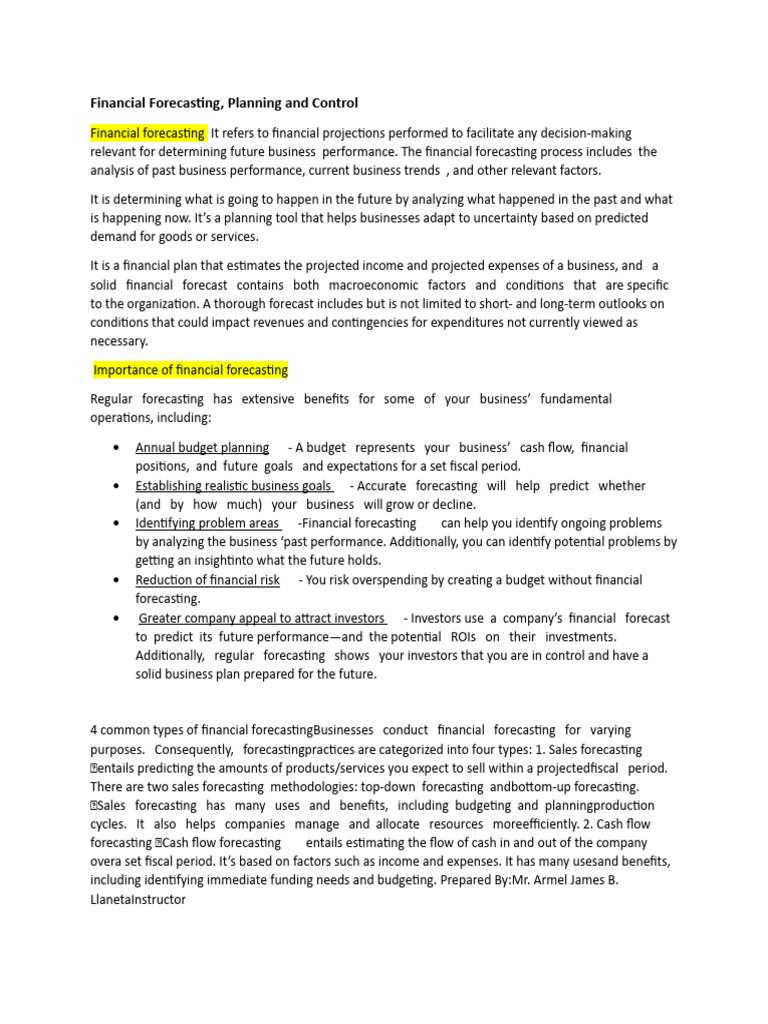 Financial Forcasting Report | PDF | Forecasting | Budget