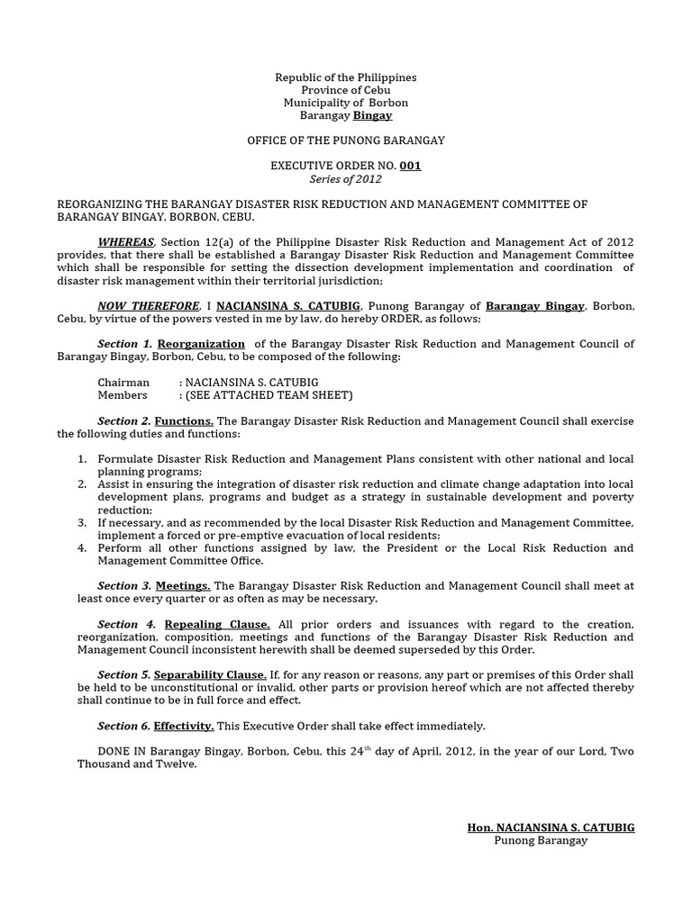 Executive Order 001 - BDRRMC | PDF | Disaster Risk Reduction | Justice