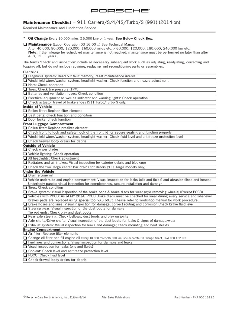 911 Maintenance Checklist Overview | PDF | Leak | Brake