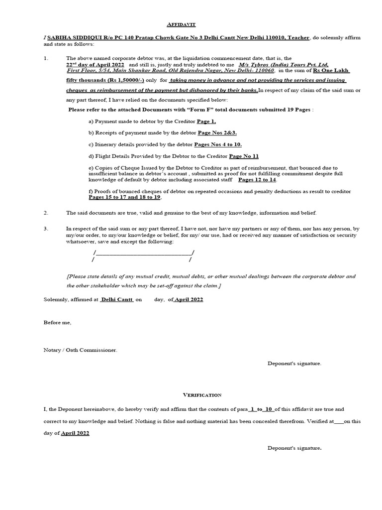 Affidavit of Debt Claim Against Debtor | PDF | Affidavit | Debtor