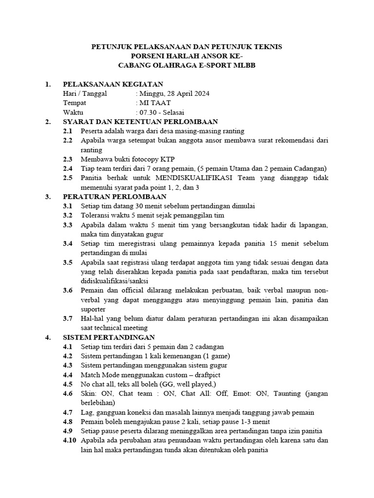 JUKLAK DAN JUKNIS HARLAH ANSOR CABOR E-Sport MLBB | PDF