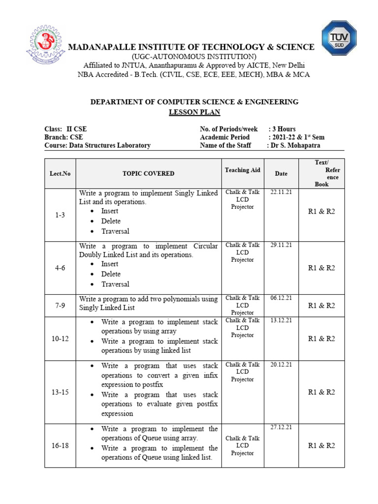 CSE Data Structures Lab Lesson Plan | PDF | Algorithms And Data ...