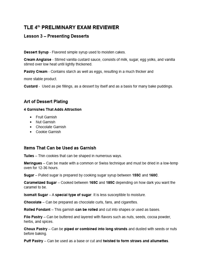 TLE 4th PRELIMINARY EXAM REVIEWER | PDF | Desserts | Custard