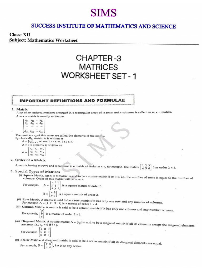 Matrices Worksheet Set - 1 | PDF